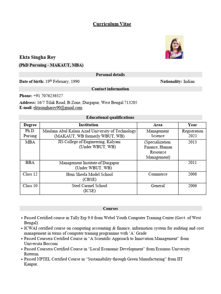 Ekta Singha Roy - CV | PDF | Entrepreneurship | Business