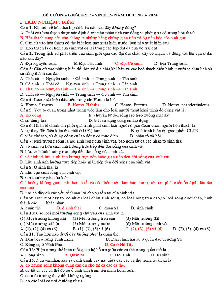 Đề Cương Sinh 12 GK2 - Đa | PDF