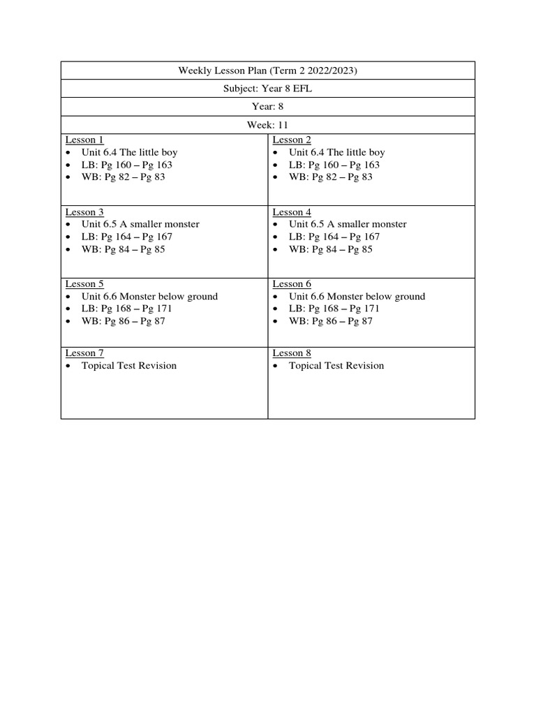 Year 8 EFL Weekly Lesson Plan | PDF