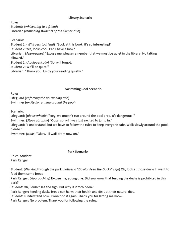 Role Play Scenarios "Rules" | PDF | Swimming
