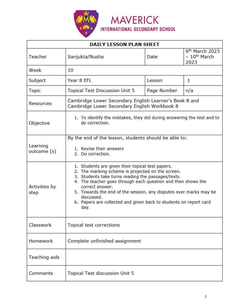 Year 8 DLP Week 10 | PDF | Lesson Plan | English As A Second Or Foreign ...