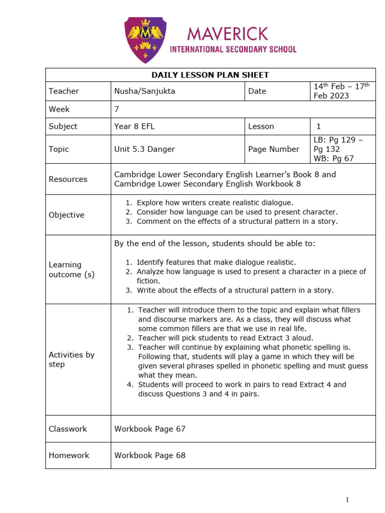 Year 8 DLP Week 7 | PDF | Lesson Plan | English As A Second Or Foreign Language