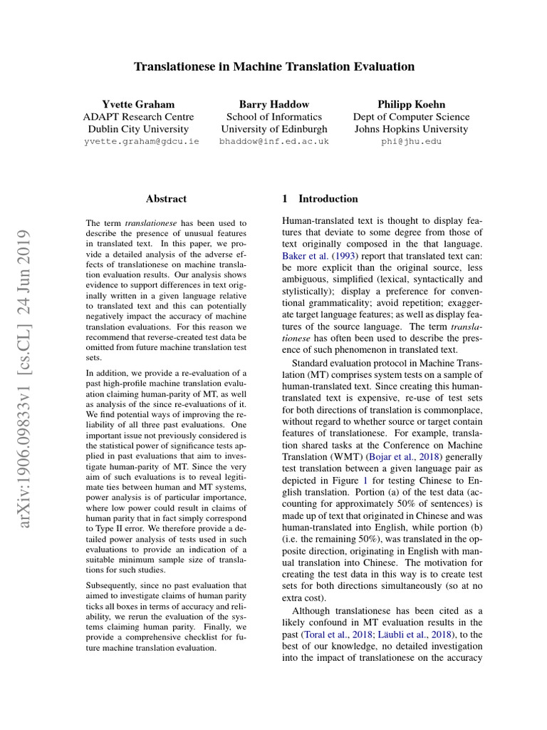 Translationese in Machine Translation Evaluation | PDF | Evaluation