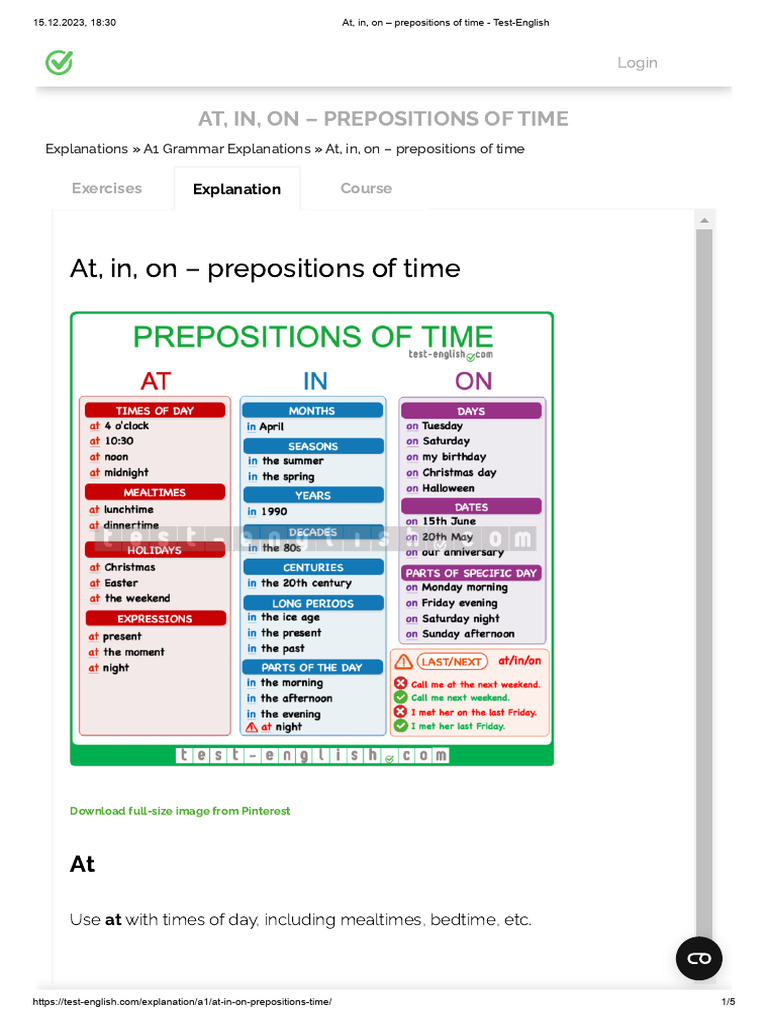 At, in, on – prepositions of time - Test-English | PDF