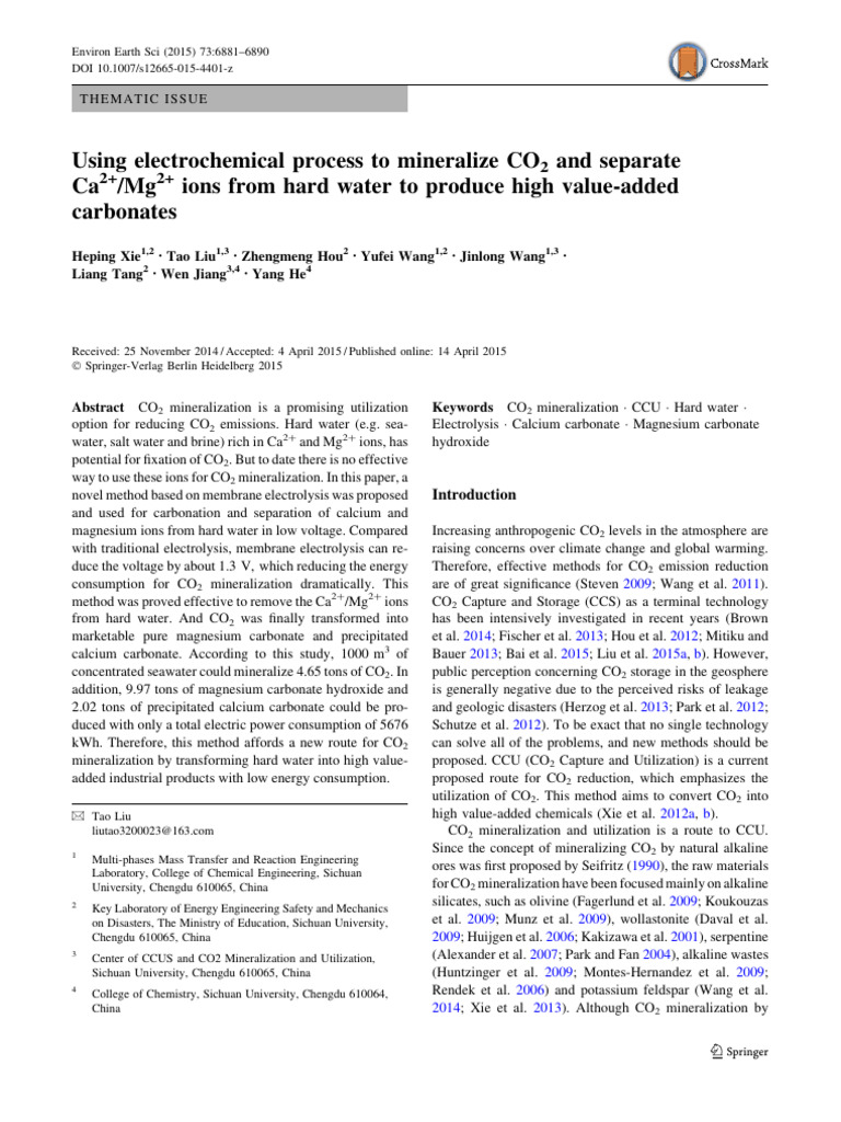 Using Electrochemical Process To Mineralize CO2 and Separate Ca2+ - Mg2+ Ions From Hard Water To ...