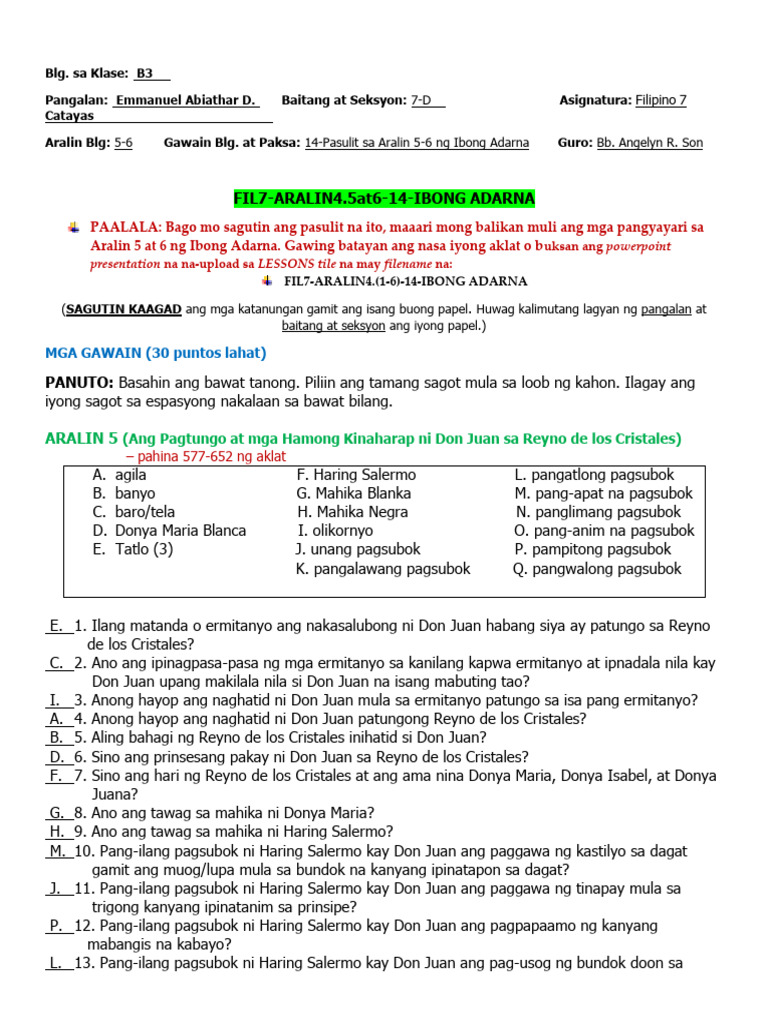 Fil7 Gawain4.5at6 14 Ibong Adarna Catayas, E.A. (Done(s) ) | PDF