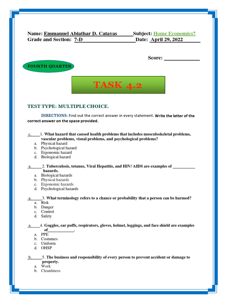 He7 Task4.2 14 Catayas, E.A. (Done(s) ) | PDF | Hazards | Personal Protective Equipment