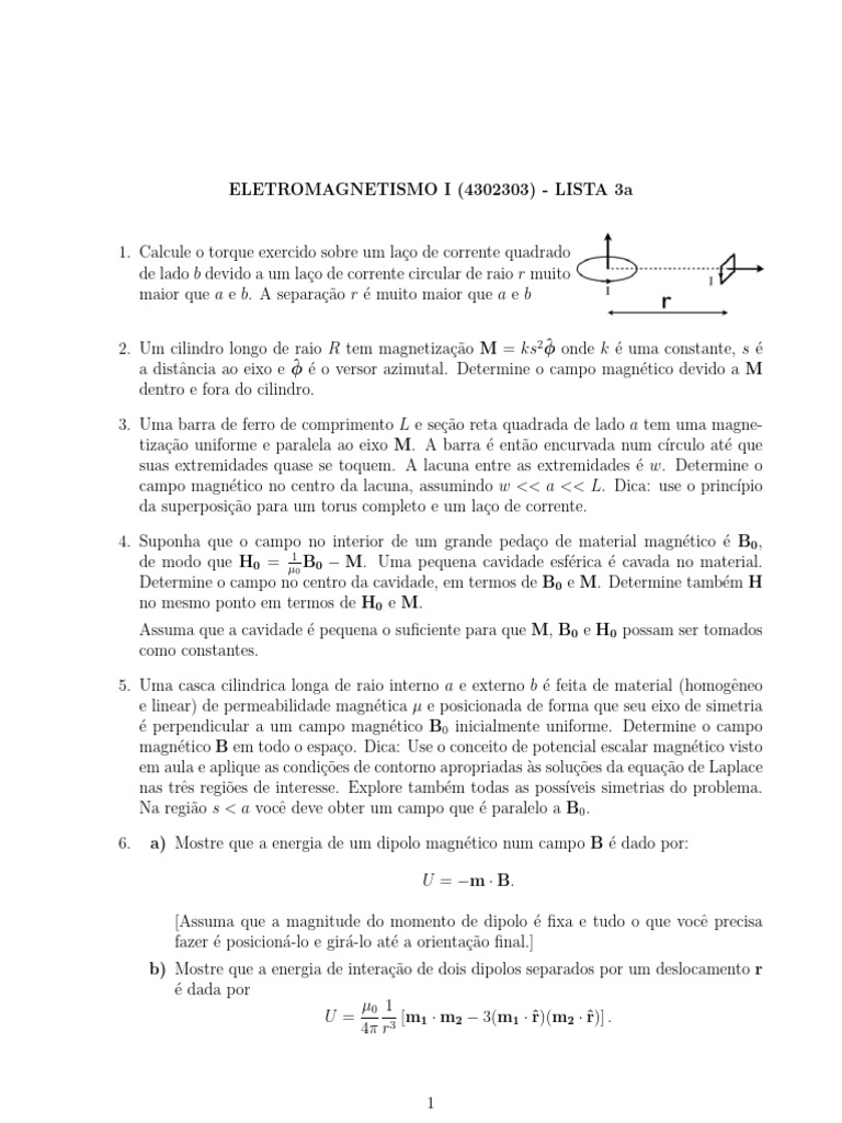 Eletromagnetismo - Lista 3a (Campos Magnéticos Na Matéria) - USP | PDF | Campo magnético ...