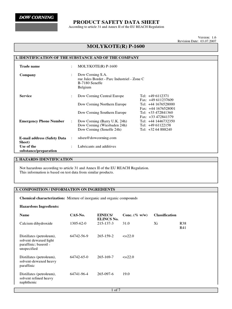 Grease Molycote P-1600 Paste | PDF | Chemical Substances | Physical ...