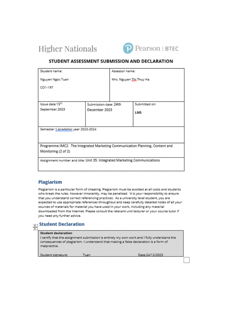 Nguyen Ngoc Tuan - CO1-197 - IMC A2 REDO | PDF | Brand | Business