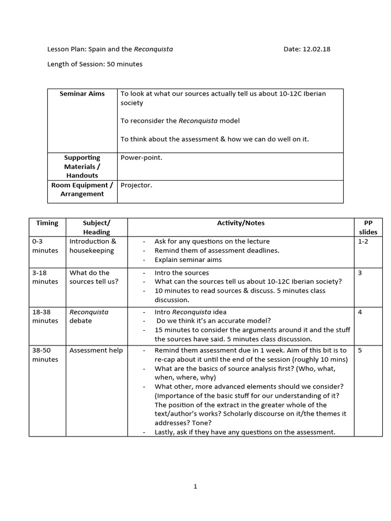 Lesson Plan Week 5 Spain & the Reconquista | PDF
