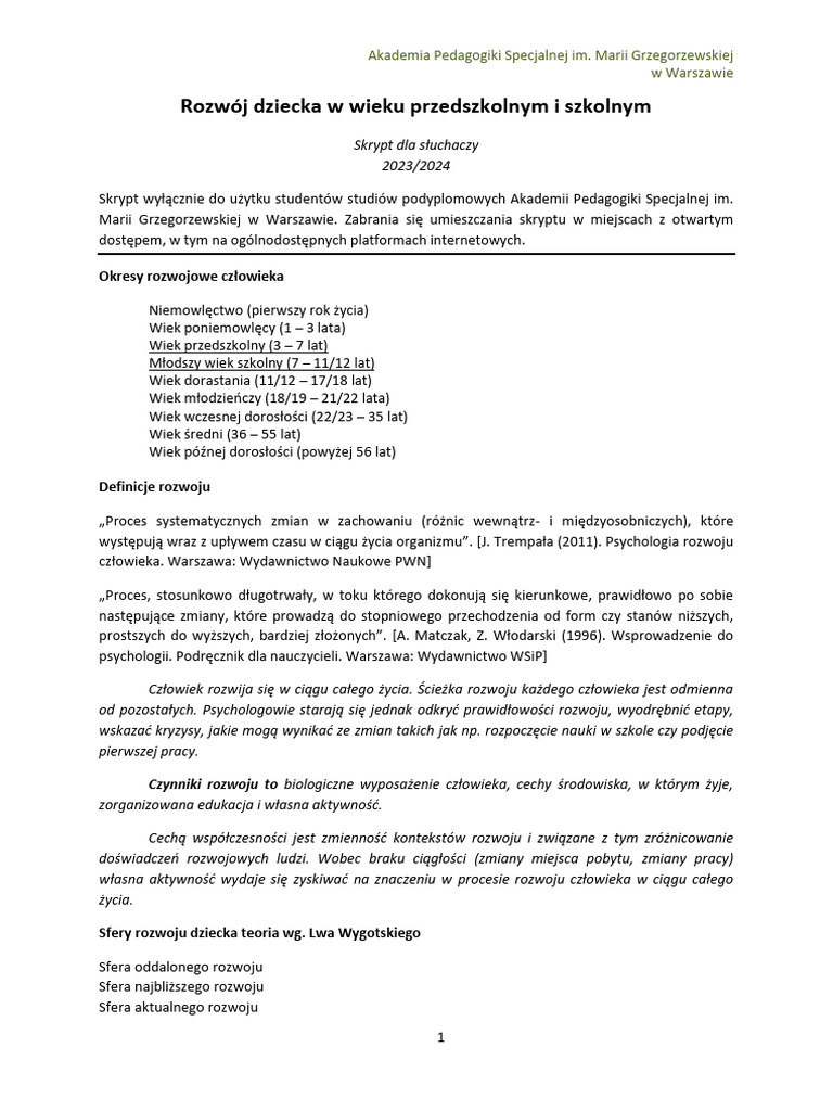 Skrypt - Rozwój Dziecka W Wieku Przedszkolnym I Szkolnym 2023-2024 | PDF