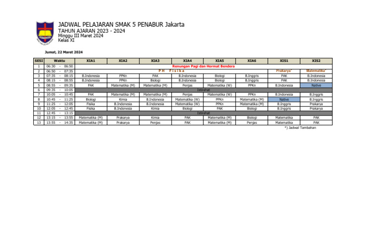 Jadwal Pelajaran Kelas Xi Minggu Iii Maret 2024 Pdf
