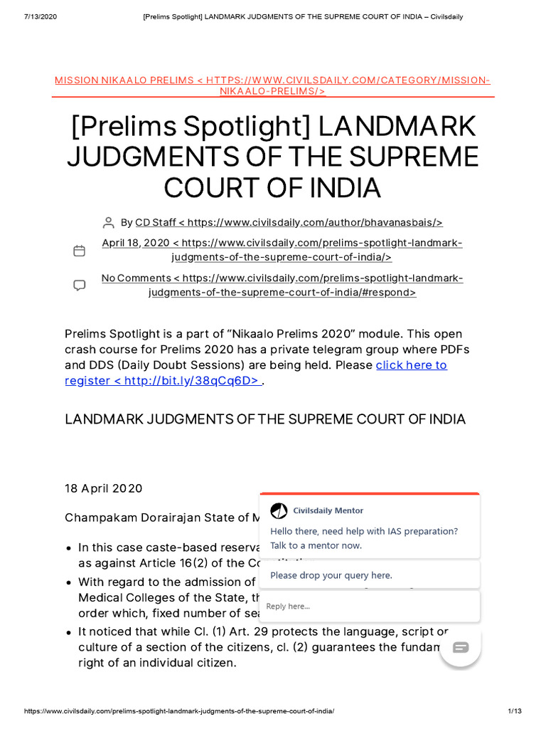 (Prelims Spotlight) LANDMARK JUDGMENTS OF THE SUPREME COURT OF INDIA ...
