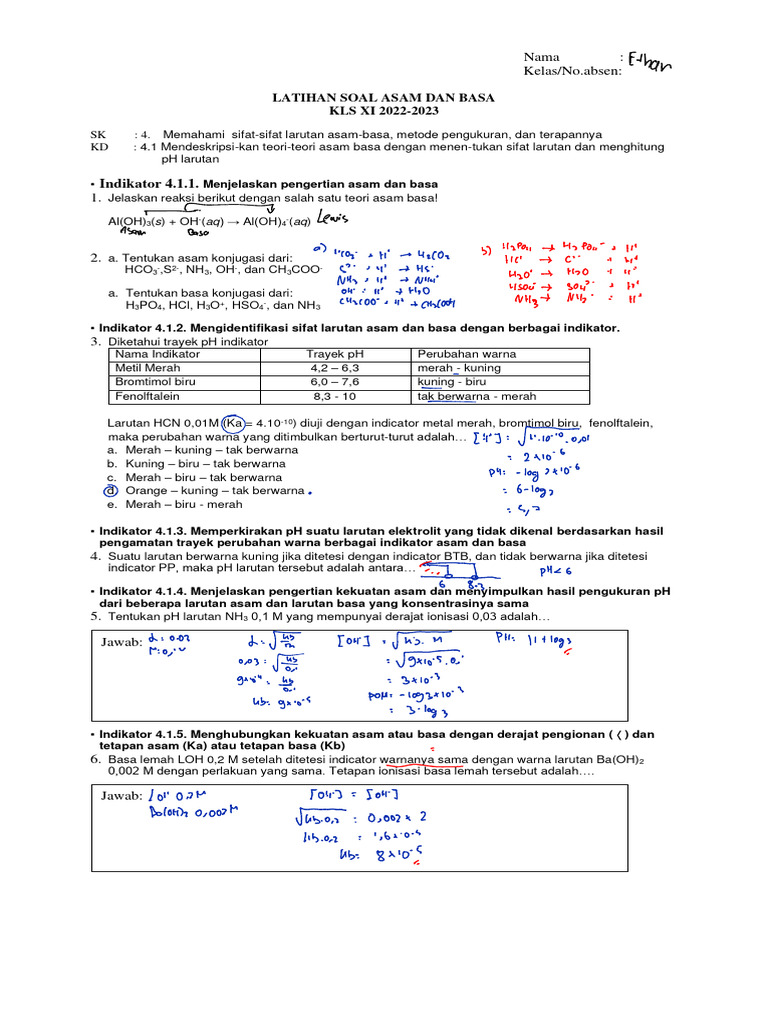 Latihan Soal Asam Dan Basa Kls XI 20222023 | PDF