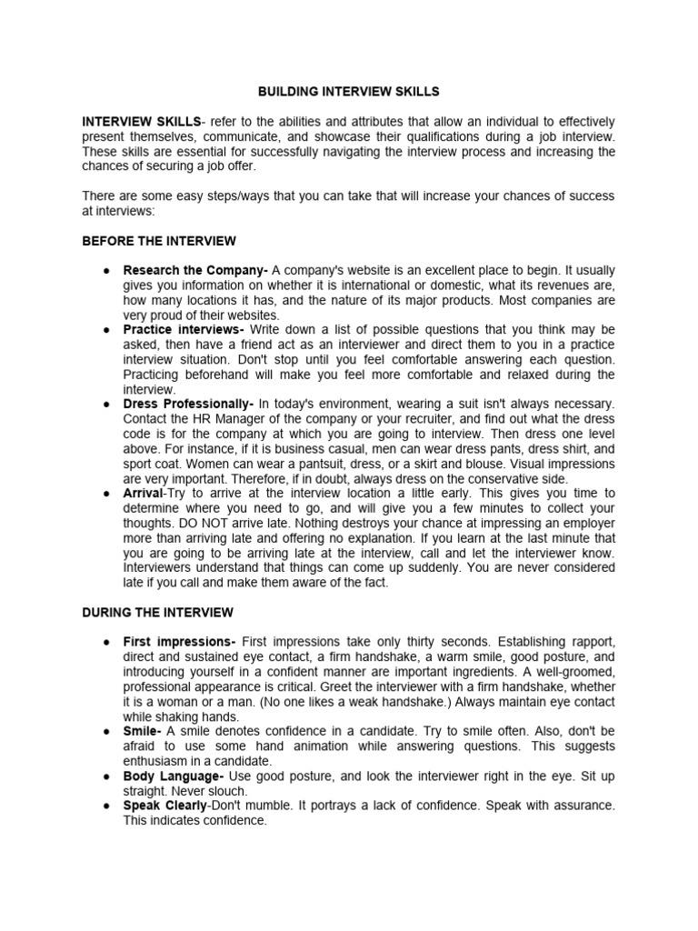 Essential Interview Skills Guide | PDF | Body Language | Psychological ...
