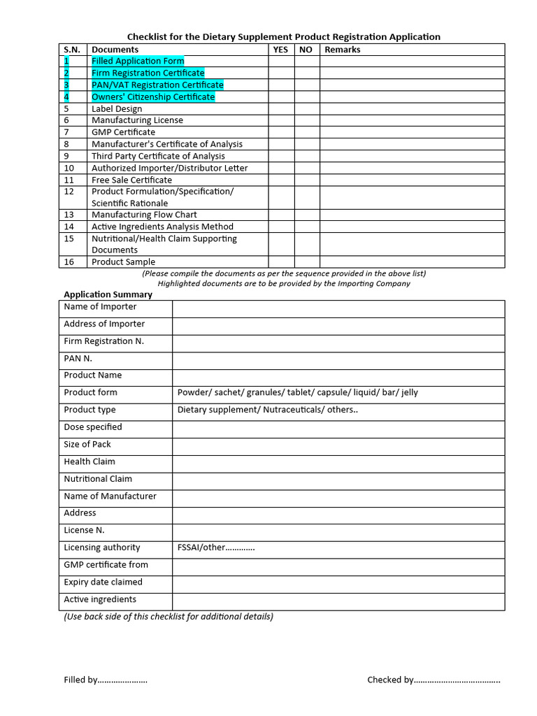 Checklist for the Dietary Supplement | PDF