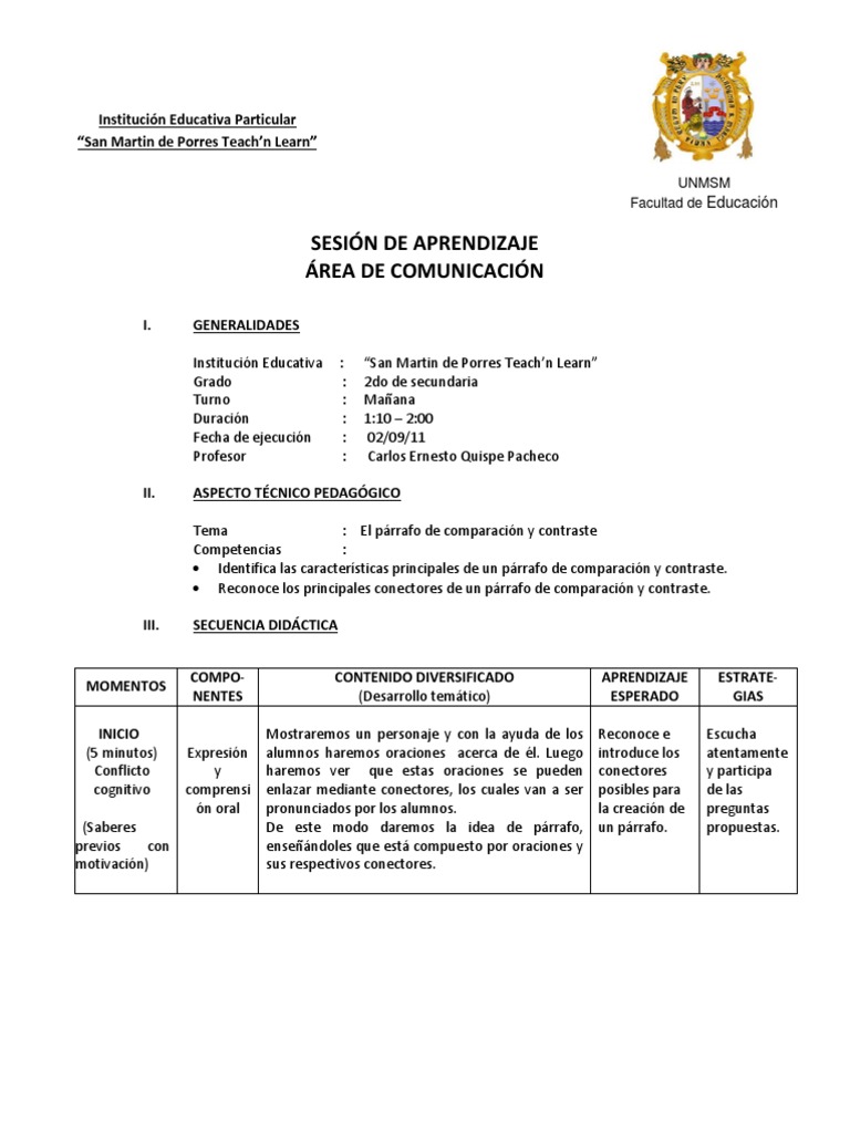 SESIÓN 1 - El Párrafo de Comparación y de Contraste | PDF | Comprensión ...