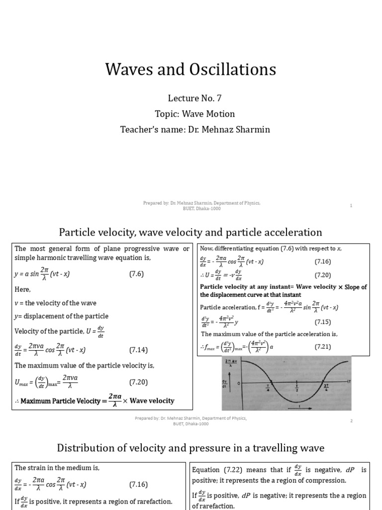 Waves and Oscillations: Lecture No. 7 Topic: Wave Motion Teacher's Name: Dr. Mehnaz Sharmin ...
