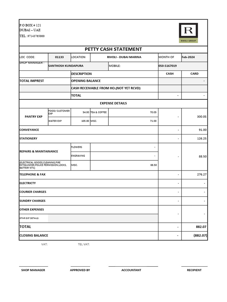 4. Petty Cash 01133 - Feb 2024 Alaan.xlsm | PDF | Payments | Service ...