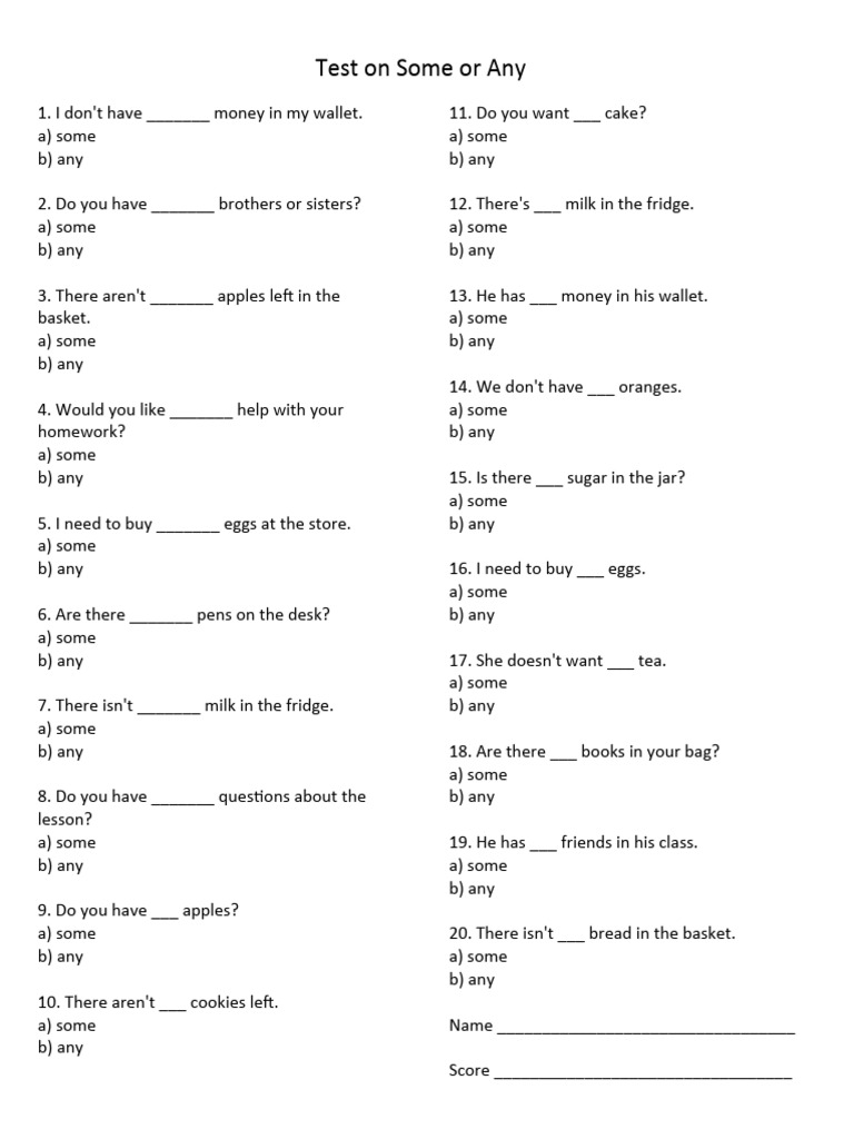 Test: Using 'Some' vs 'Any' | PDF