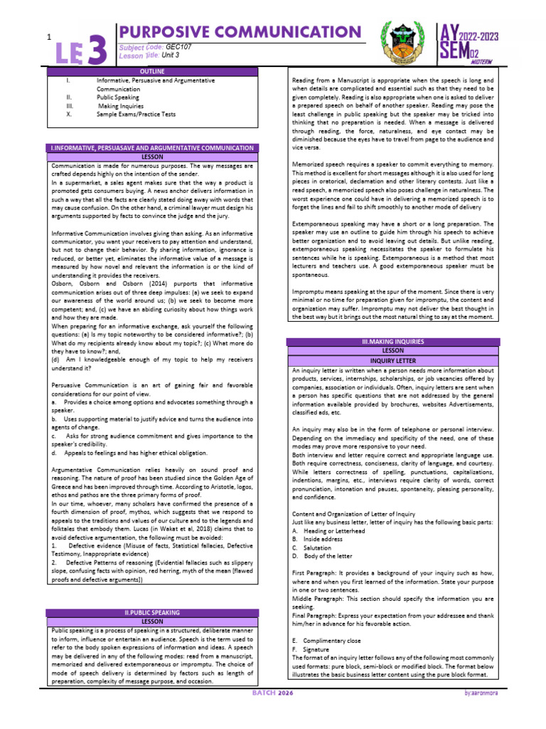 Purposive Communication Unit 3 | Download Free PDF | Communication ...