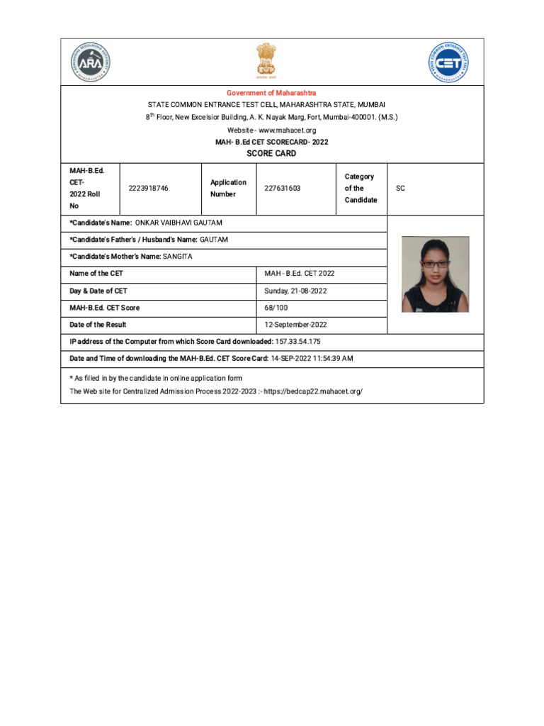 B.ed Score Cards - Candidate Login | PDF