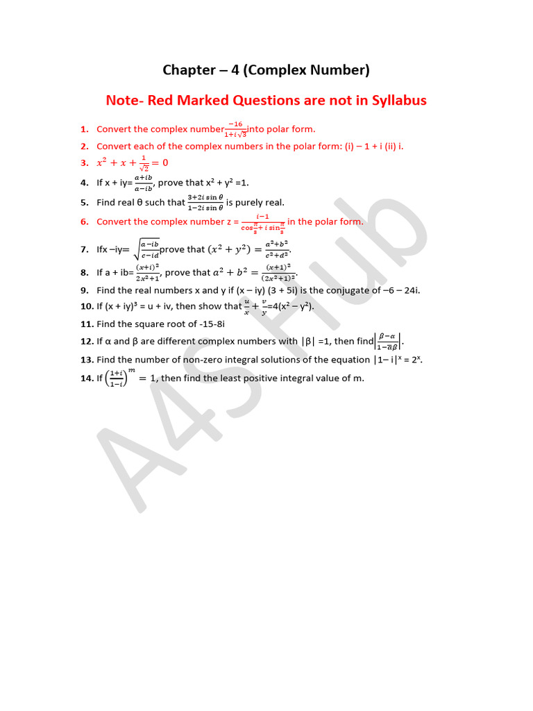 Note-Red Marked Questions Are Not in Syllabus: Chapter - 4 (Complex ...