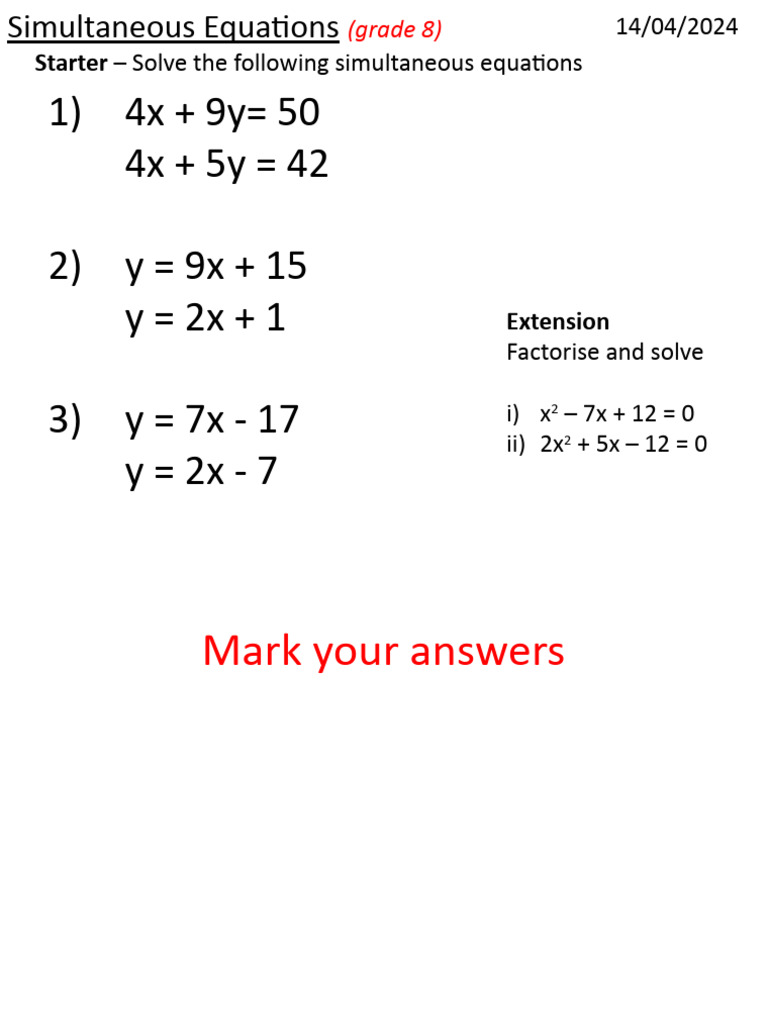 Quadratic-Simultaneous-Equations 2 | PDF | Quadratic Equation | Equations