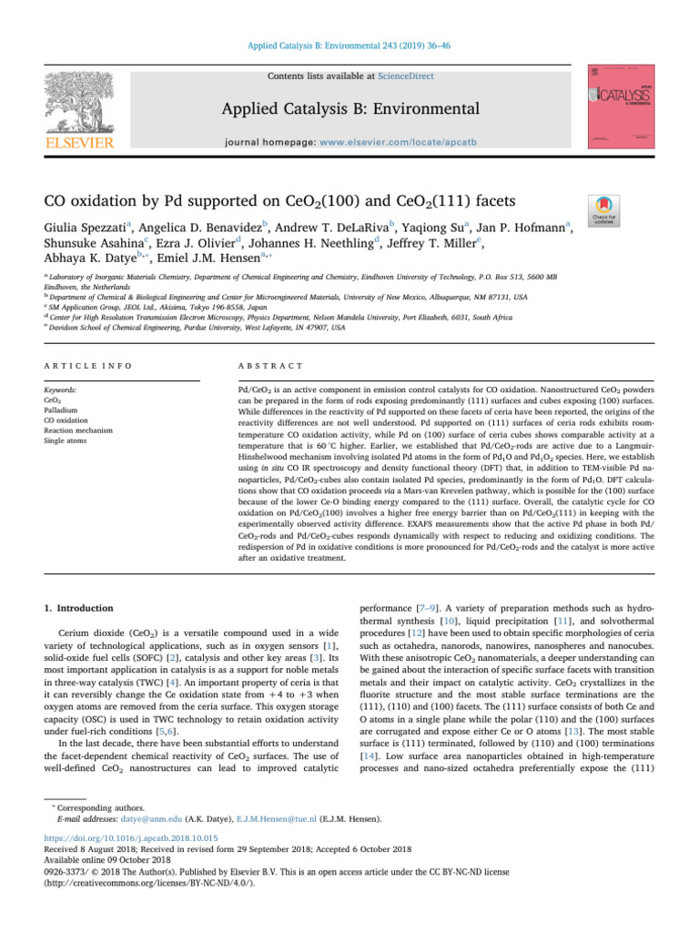 CO Oxidation by PD Supported On CeO2 (100) and CeO2 (111) Facets | PDF ...