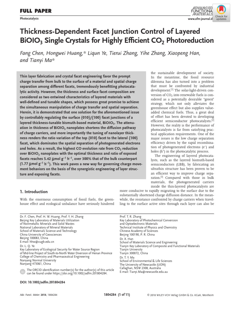 BiOIO3 Single Crystals For Highly Efficient CO2 Photoreduction | PDF ...