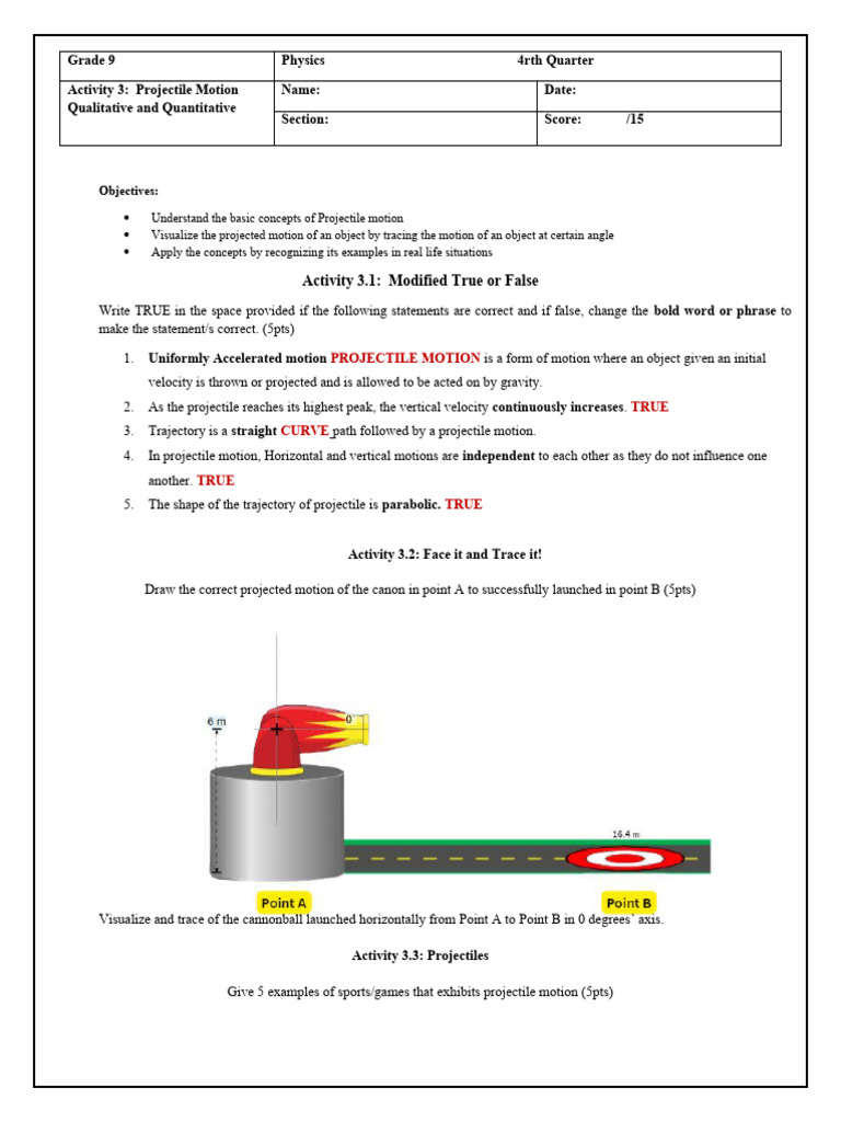 Grade 9 Physics: Projectile Motion Activities | PDF