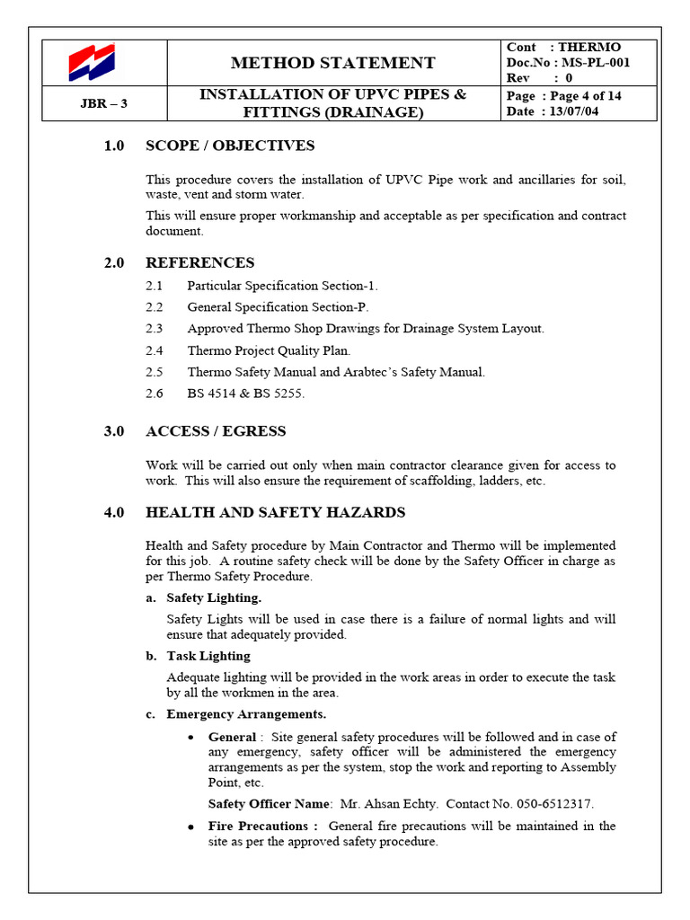 UPVC Pipe Installation Method Statement | PDF | Pipe (Fluid Conveyance ...