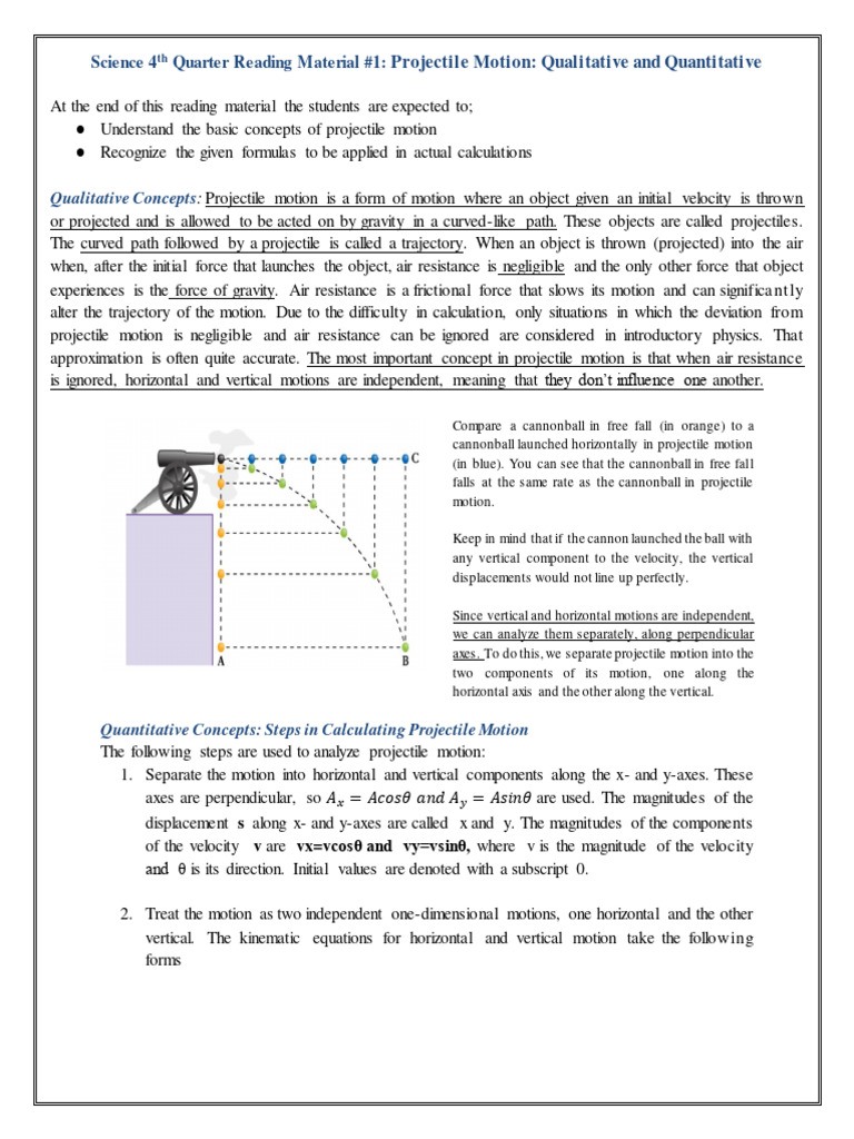 Reading-Material Projectile-Motion - Qualitative-and-Quantitative | PDF | Force | Projectiles