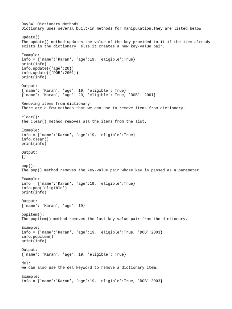 Day34 Dictionary Methods | PDF