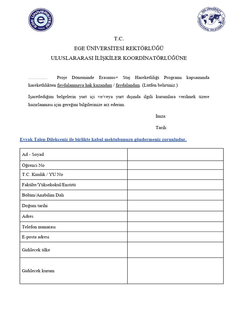 Erasmus+Staj Evraktalepdilekce | PDF
