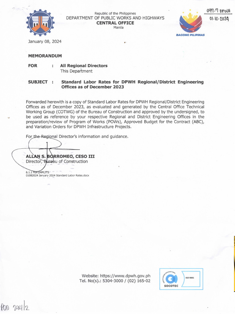 DPWH Standard Labor Rates 2023 | PDF