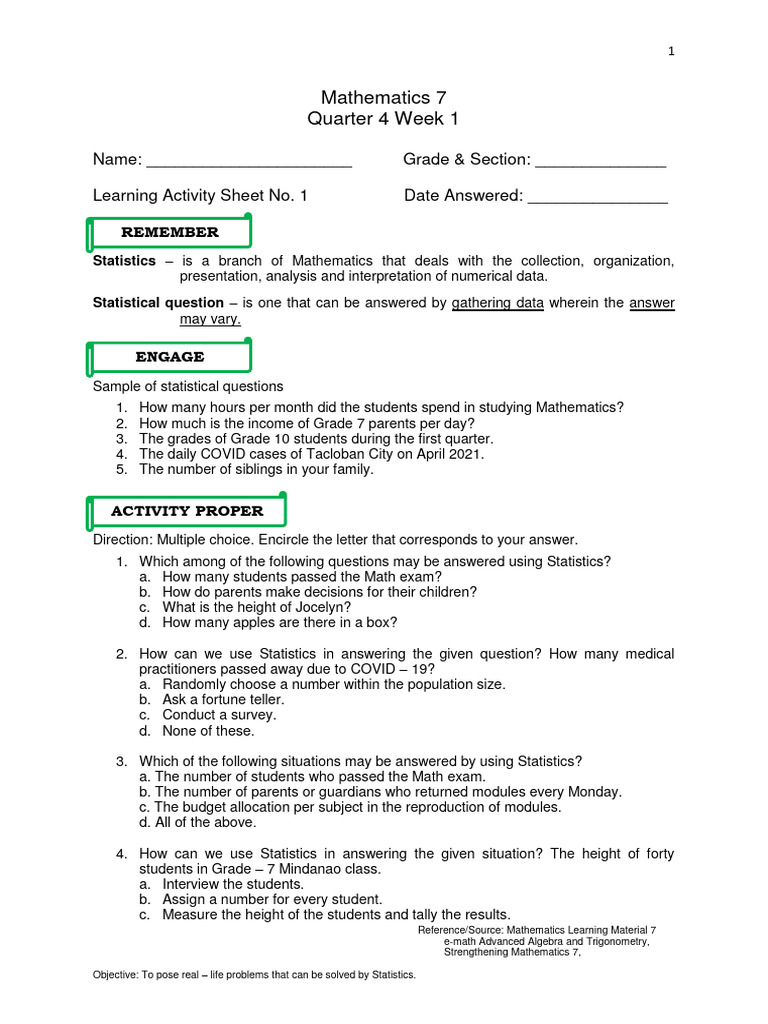 MATH 7 LAS Q4 Week 1 | PDF | Survey Methodology | Statistics