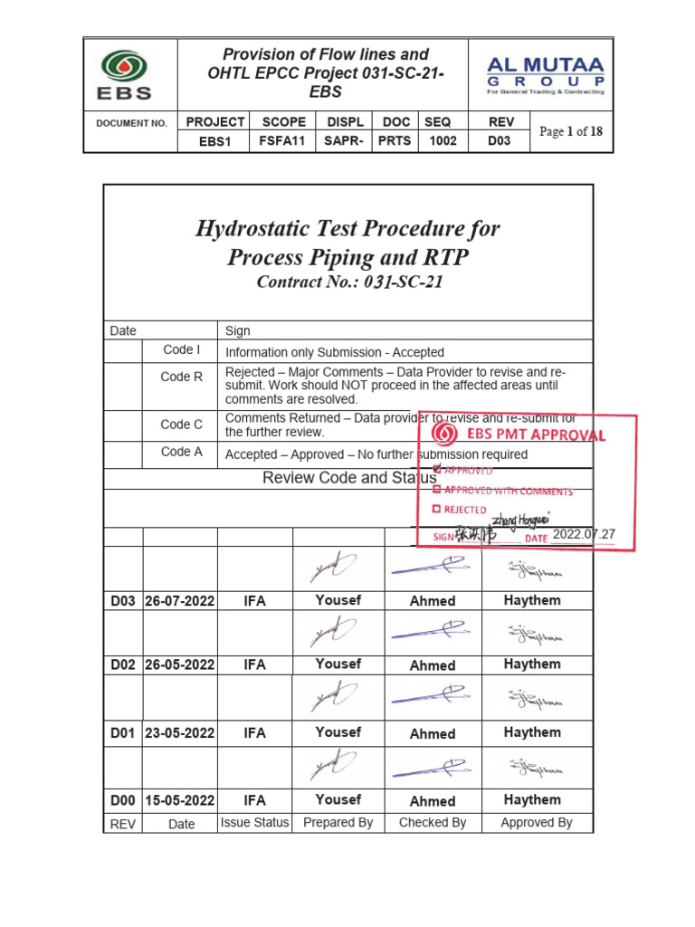 EBS1-FSFA11-SAPR-PRTS-1002-D03-RTP Hydrostatic Test Procedure | PDF ...