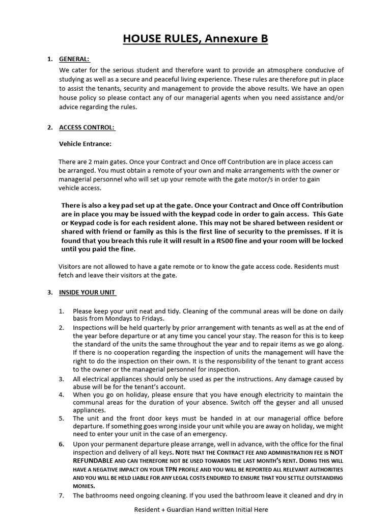House Rules Annexure B, All Communes | PDF | Parking | Eviction