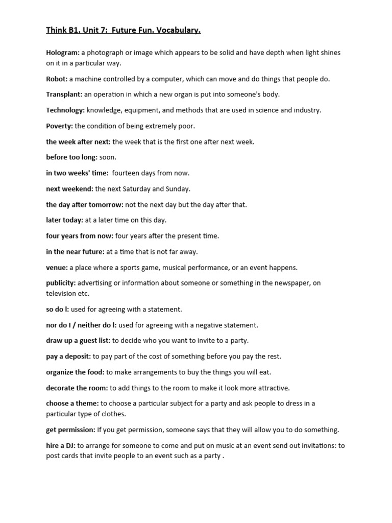 Think B1. Unit 7 Future Fun | PDF