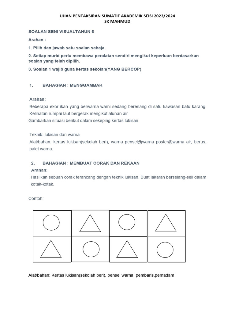 Soalan Seni Visual-Tahun 6 | PDF