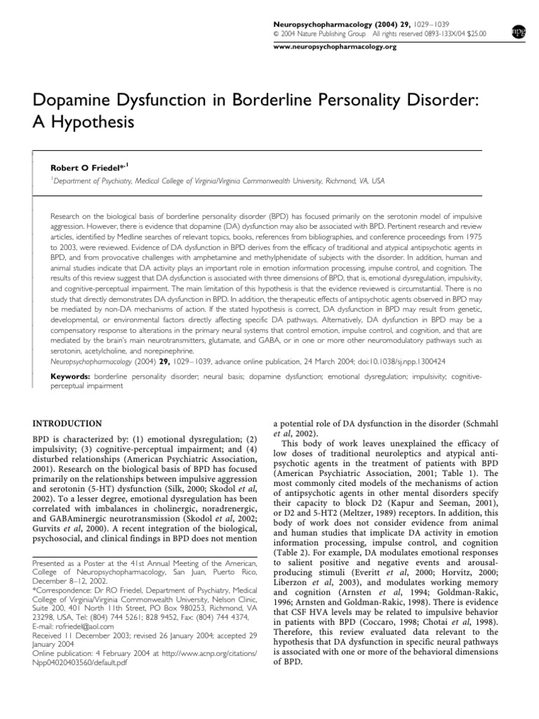 BPD e Dopamina | PDF | Amygdala | Borderline Personality Disorder