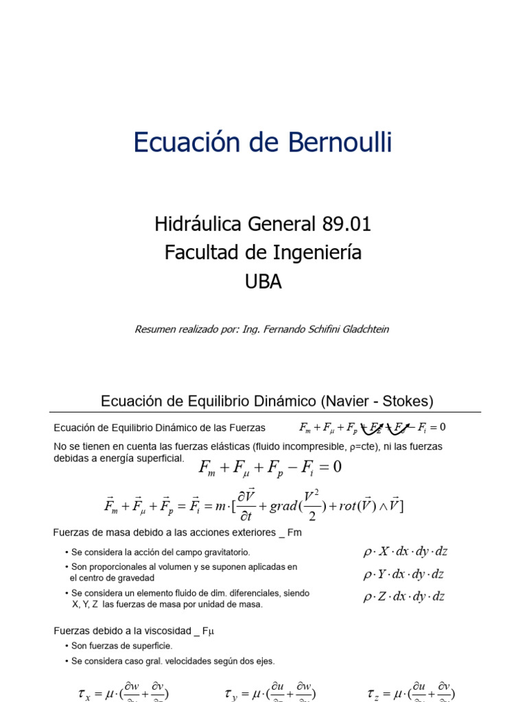 Clase 08 y 09 - Navier Stokes - Ecuacion de Bernoulli | PDF | Fluido ...