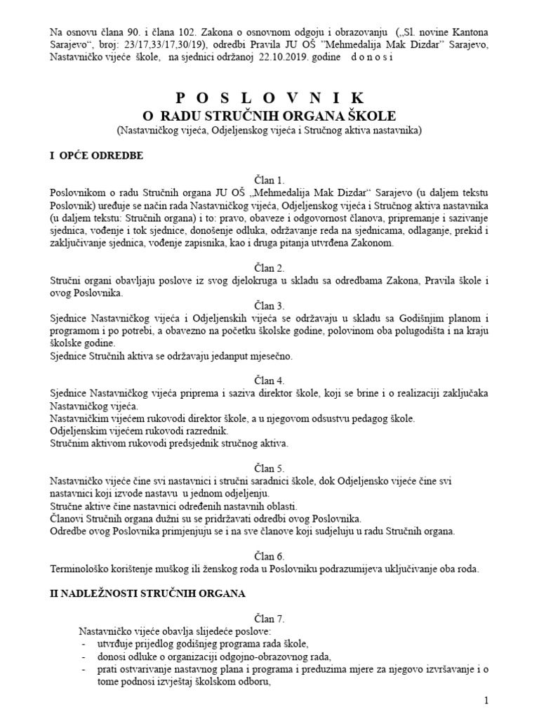 Poslovnik o Radu Stručnih Organa Škole | PDF