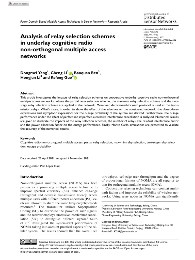 Analysis of Relay Selection Schemes in Underlay Cognitive Radio Non-Orthogonal Multiple Access ...