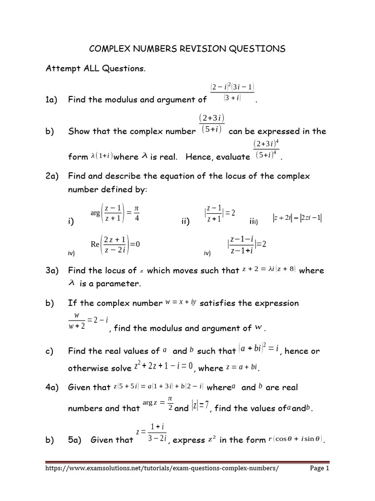 Complex Numbers Revision Questions | PDF | Complex Number | Zero Of A ...