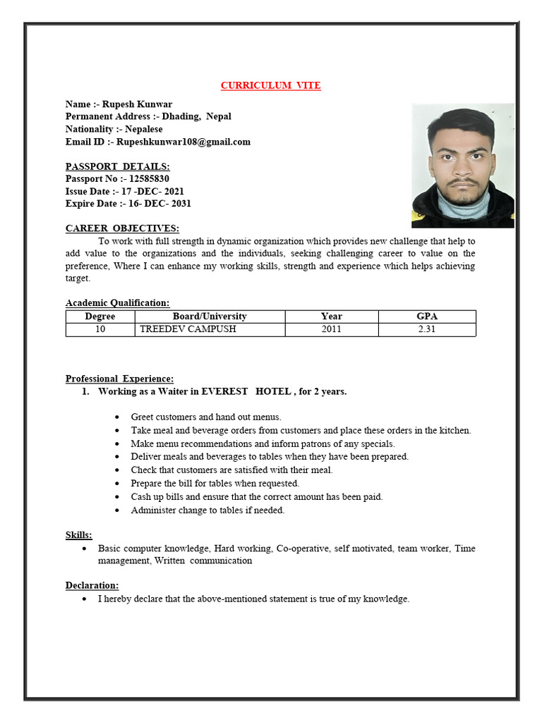 Word CV For Waiter | PDF