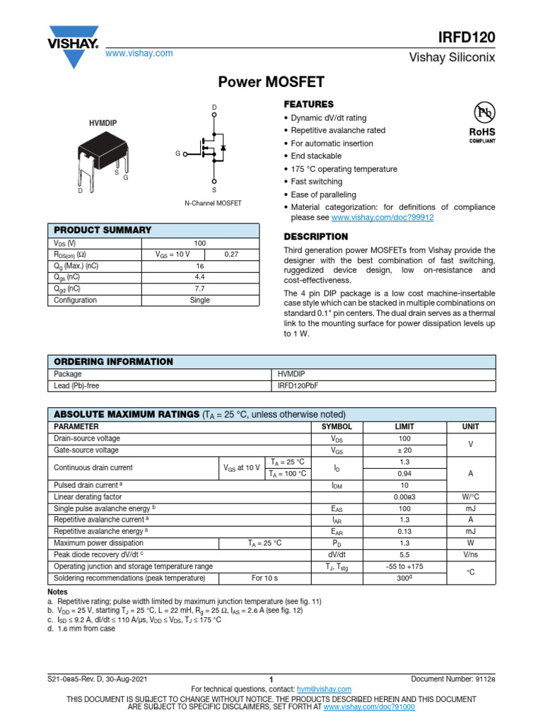 IRFD120 HVMDIPcase | PDF | Diode | Field Effect Transistor