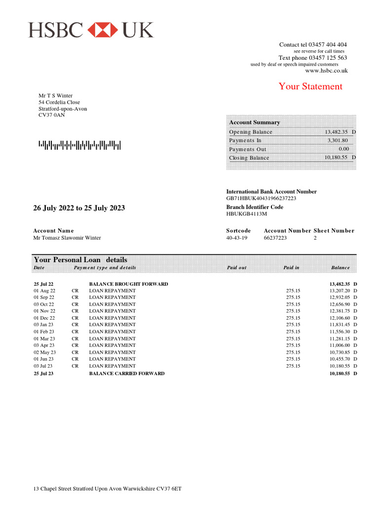 2023 07 25 Statement HSBC | PDF | Overdraft | Debit Card
